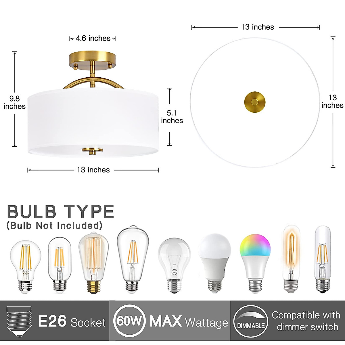 Bargeni Flush Mount Ceiling Light,13 inch Mid Century Modern Ceiling Light Fixture,Antique Brass with Fabric Shade,3-Light Drum Light Fixture for Bedroom,Dinning Room,Foyer and Kitchen