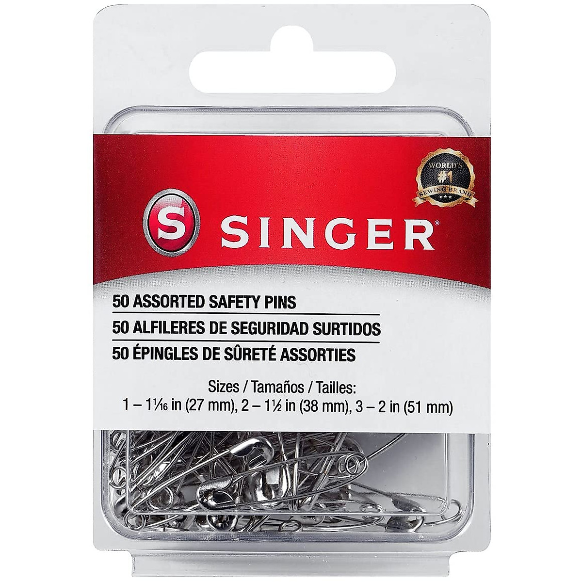 SINGER 00226 Assorted Safety Pins, Multisize, Nickel Plated, 50-Count