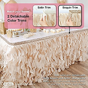 Bluekate Champagne Gold Table Skirt 6ft. Double Organza, Two Trims Party Tutu Table Skirt! Wedding Decorations Rustic Theme, Graduation, Gold Party Decorations. Table Skirts for Rectangle Tables 6ft