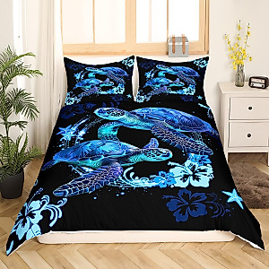Manfei Sea Turtle Kids Duvet Cover Set Queen Size, Blue Flower Starfish Bedding Set for Boys Girls Adult Bedroom Decor, Marine Animal Theme Comforter Cover, Soft Polyester Quilt Cover, 2 Pillowcases