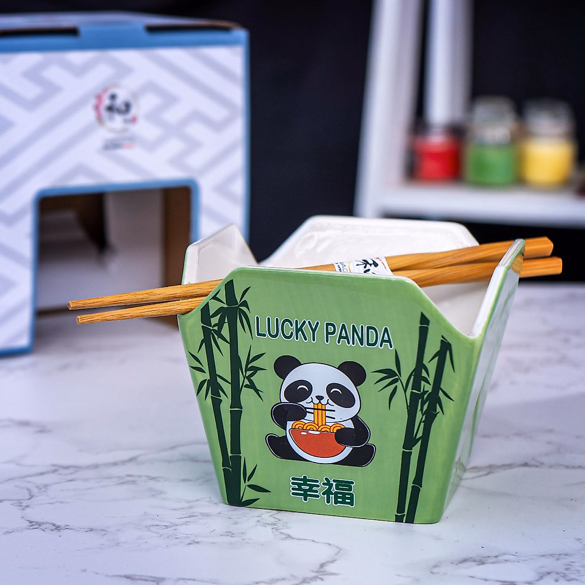 Urban Tokyo Chinese Takeout Box Style Porcelain Bowl With Chopsticks 18 fl oz Square Box Shape Rice Noodles Pasta To Go Box Shaped Bowl Microwave Dishwasher Safe (Hungry Panda)