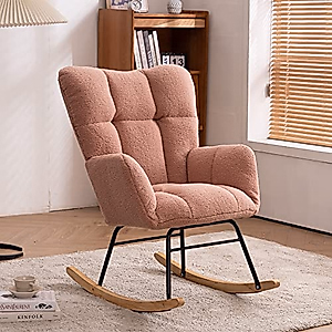 Krinana Teddy Fabric Nursery Rocking Chair, Rocker Armchair with Solid Wood Legs, Glider Chair Nursery with High Backrest for Living Room Apartment (Teddy Fabric,Pink)