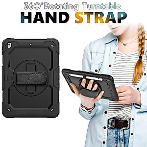 Sibeitu iPad 9th Generation Case 2021 10.2 Inch with Screen Protector & Kickstand, Protective iPad 7th 8th Gen Shockproof Case 2019 2020 Cover with Hand Shoulder Strap, Heavy Duty & Rugged, Black