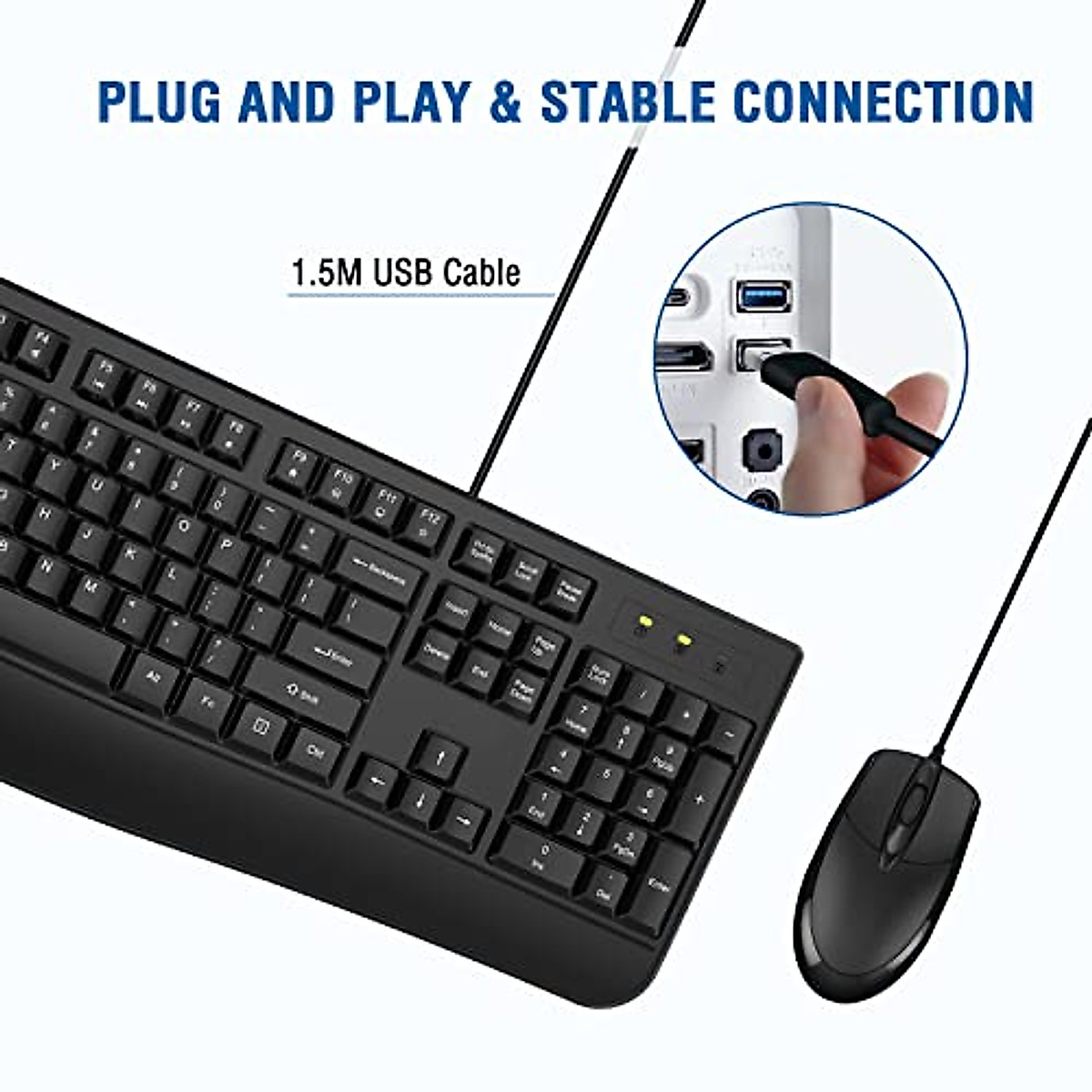 Wired Keyboard and Mouse Combo, EDJO Full-Sized Ergonomic Computer Keyboard with Palm Rest and Optical Wired Mouse for Windows, Mac OS Desktop/Laptop/PC