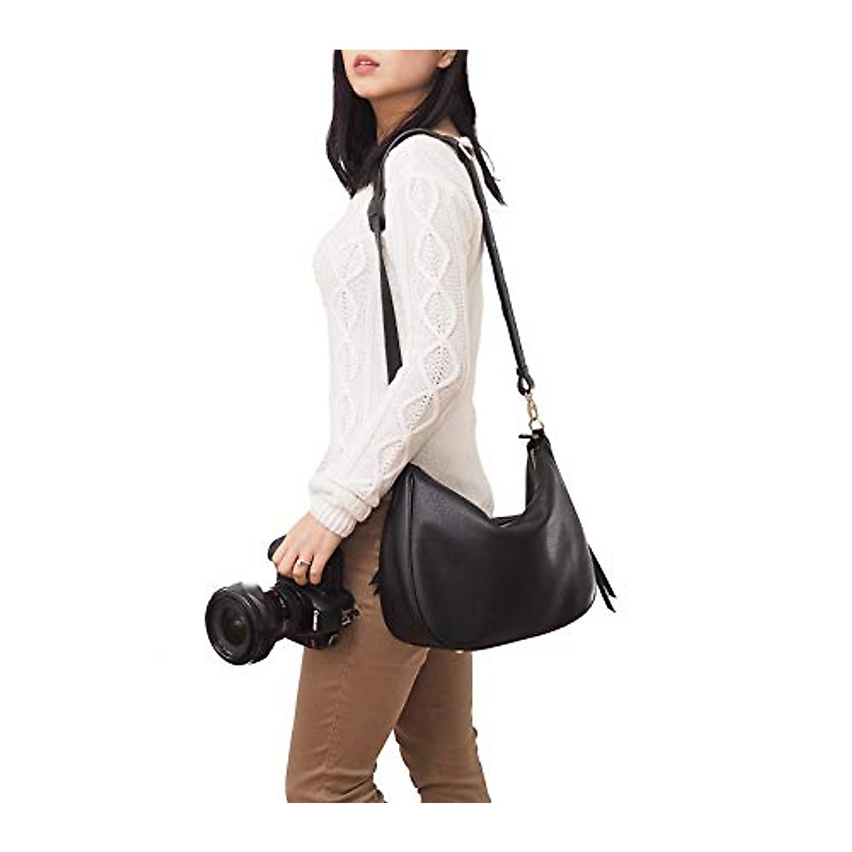 DSLR Camera Purse for Women, Stylish Genuine Leather Shoulder Camera Bag for Travel, Crossbody Hobo Camera Carry Case Fits Canon Nikon Sony Olympus Digital SLR and Mirrorless Camera By Meliae (Black)