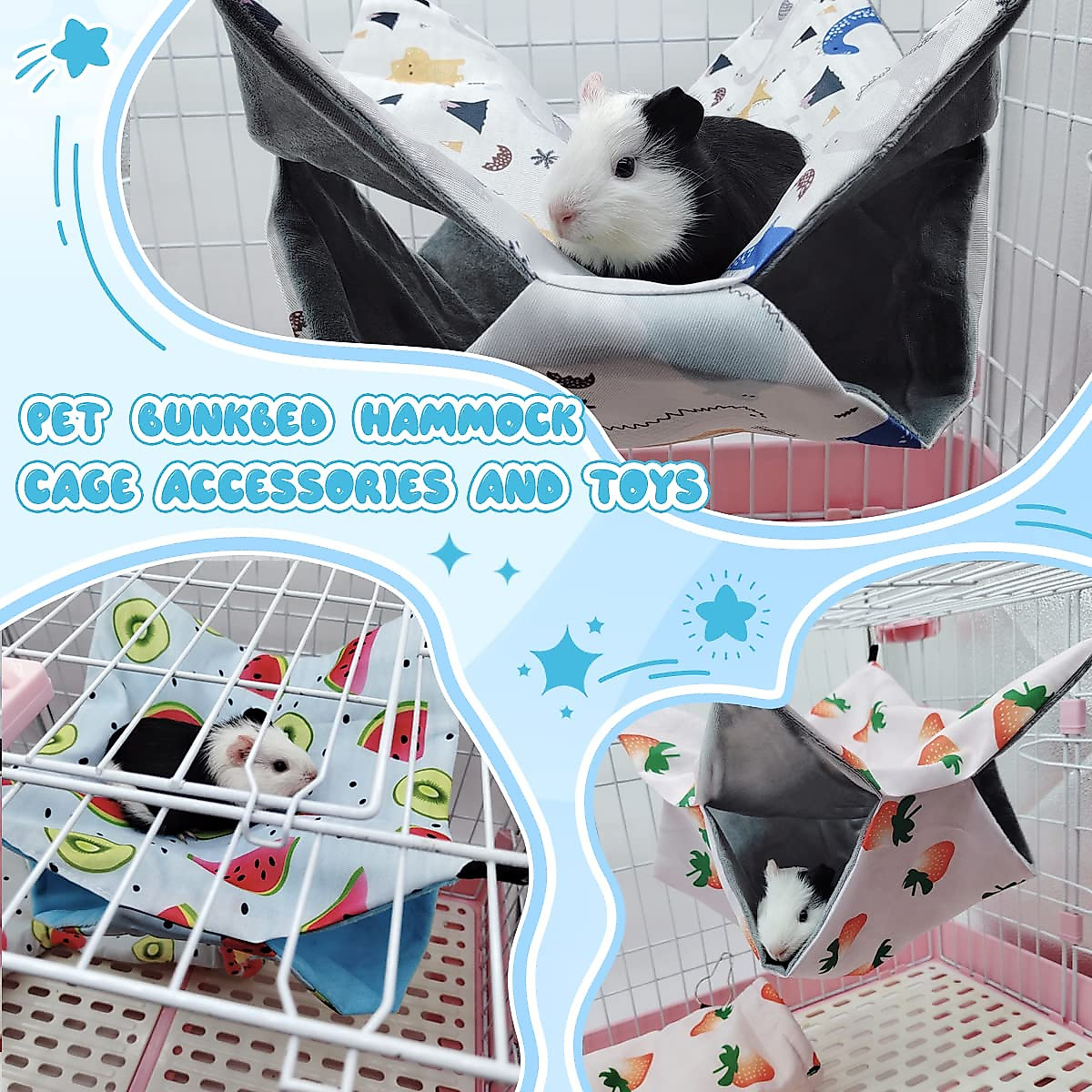 Guinea Pig Rat Corner Tunnel & Tubes Bunkbed Hammock, Guinea Pig Hideout for Small Pet Hedgehog Piggy Hamster Hide(1. Hammock&Tunnel-Dinosaur)