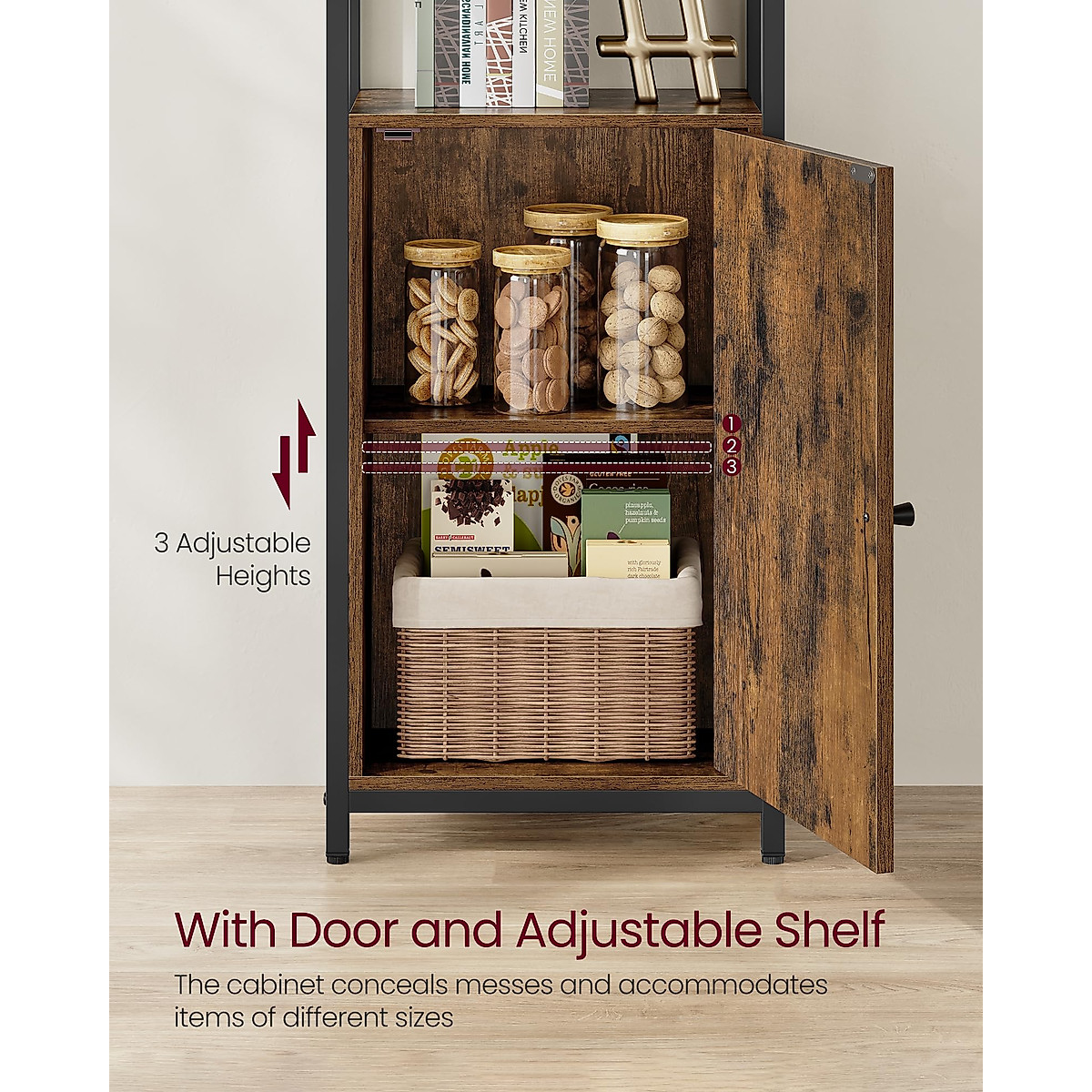 VASAGLE 6-Tier Bookshelf, Tall Bookcase with Door, Steel Frame, Adjustable Shelves, 9.4 x 15.7 x 62.8 Inches, Living Room Bedroom, Rustic Brown and Ink Black ULLS132K01