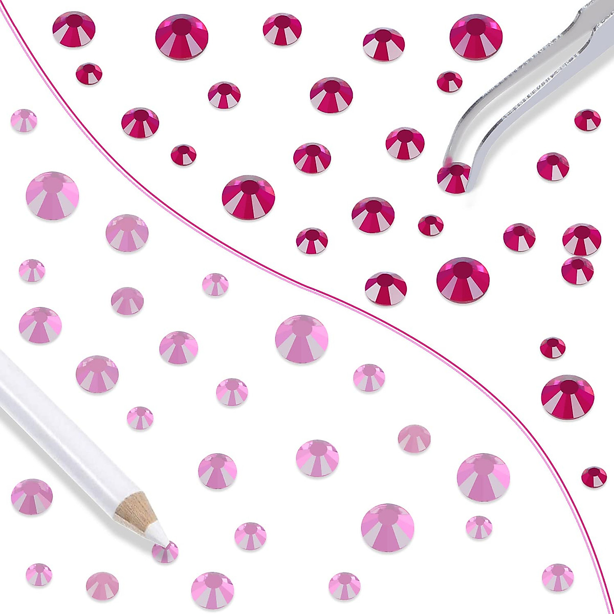 LPBeads 6400 Pieces Pink and Fuchsia Hotfix Rhinestones Flat Back 5 Mixed Sizes Crystal Round Glass Gems with Tweezers and Picking Rhinestones Pen