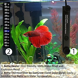 SunGrow Halfmoon Betta Heater, 10 Watts, for Small Tanks, Fully Submersible Aquarium Heater, Automatically Reaches Preset Temperature, Energy-Efficient Heating Module, Suction Cups Included