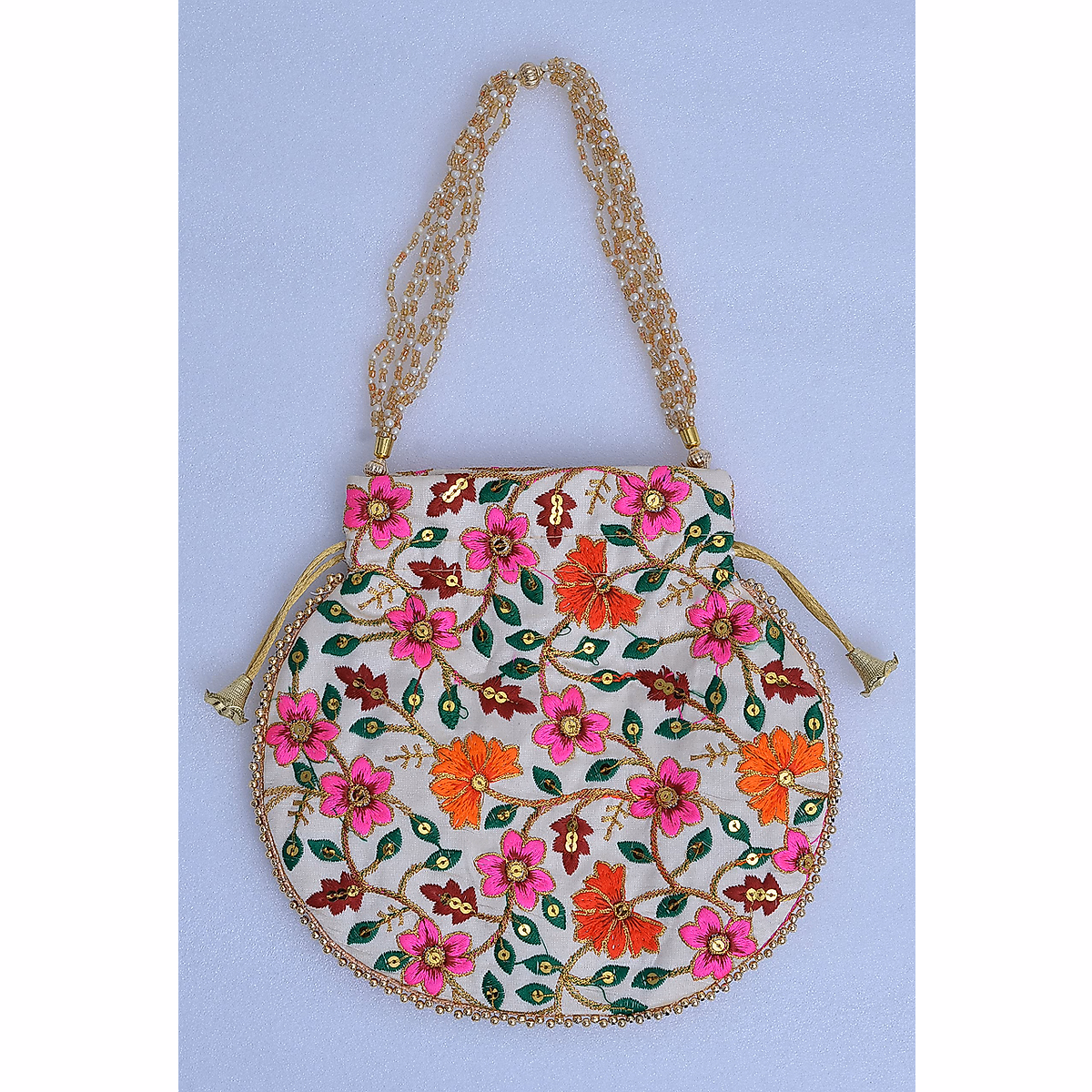 Truesellershop Designer Embroidered Potli Bag for Women Indian Ethnic Printed Silk Batwa Pearls Handle Purse Clutch Evening Party, Wedding, Gifts Her (Design-9), Off White