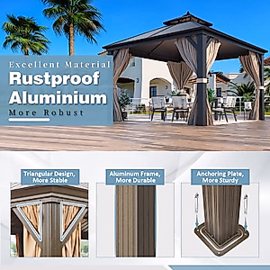 MELLCOM 12'x12' Hardtop Gazebo, Galvanized Steel Metal Double Roof Canopy Curtains and Netting, Outdoor Permanent Canopy Gazebos with Aluminum Frames for Patios, Gardens, Lawns