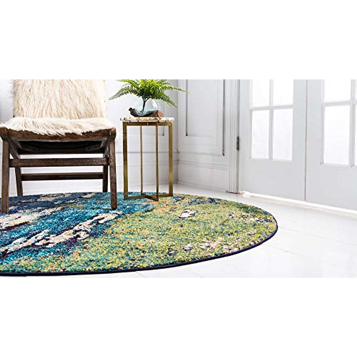 Unique Loom Estrella Collection Distressed, Landscape, Abstract, Modern, Earth Tones Area Rug (8' 0 x 8' 0 Round, Navy Blue/Green)