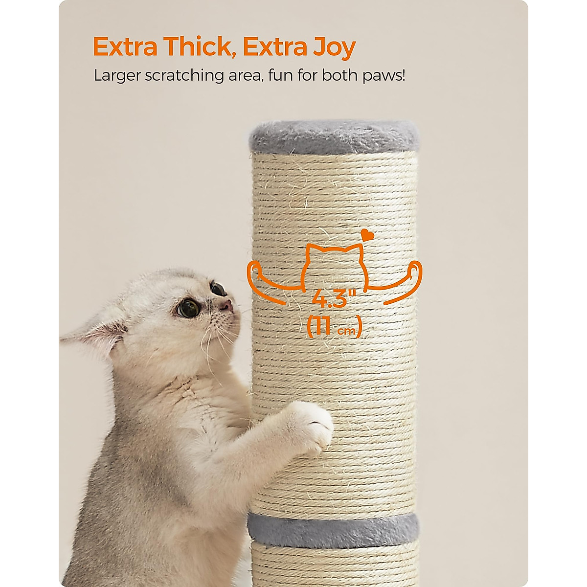 Feandrea Cat Scratching Post, 20.8-Inch Tall Cat Scratcher for Kittens, Small and Medium Cats, Sisal Scratch Pole, Spring Pompom with Built-in Bell, Dove Gray UPCA023G01