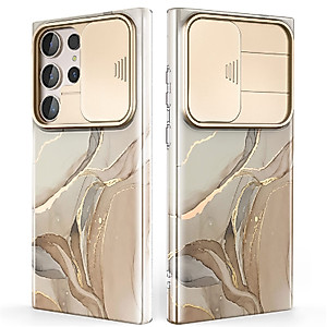 Chvelop Case for Samsung Galaxy S23 Ultra 5G with Slide Camera Cover, [Military Grade Drop Protection] Shockproof Protective Phone Case for Galaxy S23 Ultra 6.8 Inch-Brown/Golden