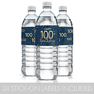 Navy Blue and Gold Happy 100th Birthday Party Water Bottle Labels - Waterproof Stickers - 24 Count