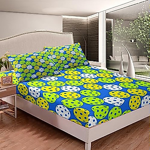 Pickleball Bed Set Ball Sports Themed Teens Sheet Set for Boys Girls Men Yellow White Green Pickleball Bed Sheets Blue Decor Sheets with 1 Pillowcase 3Pcs Bedding Twin