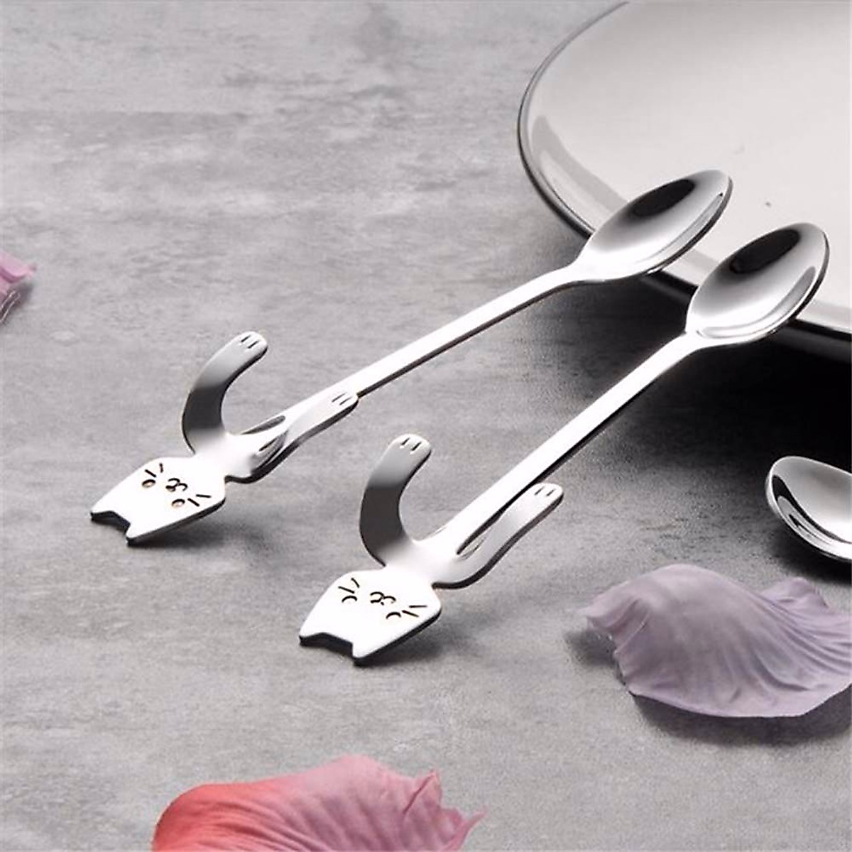 ekqw015l 1 Piece Cute Cat Spoon Long Handle Spoons Flatware Drinking Tools Kitchen Gadget |Baby Stainless Steel Dessert Cake Coffee Spoon Cutlery– Teaspoons,Coffee spoons Soup Spoons Silver