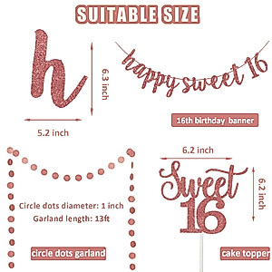 Sweet 16 Decorations Rose Gold - Happy Sweet 16 Birthday Banner Pre-Strung & Sweet 16 Cake Topper & Circle Dots Garland & White Rose Gold Confetti Balloons for 16th Birthday Decorations