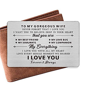 Resdink To My Gorgeous Wife, Engraved Wallet Cards for wife, Love Gifts for Wife, Anniversary Present Card for Wife Her, I Love You With All My Heart, Wife Gift from Husband, Birthday Valentines