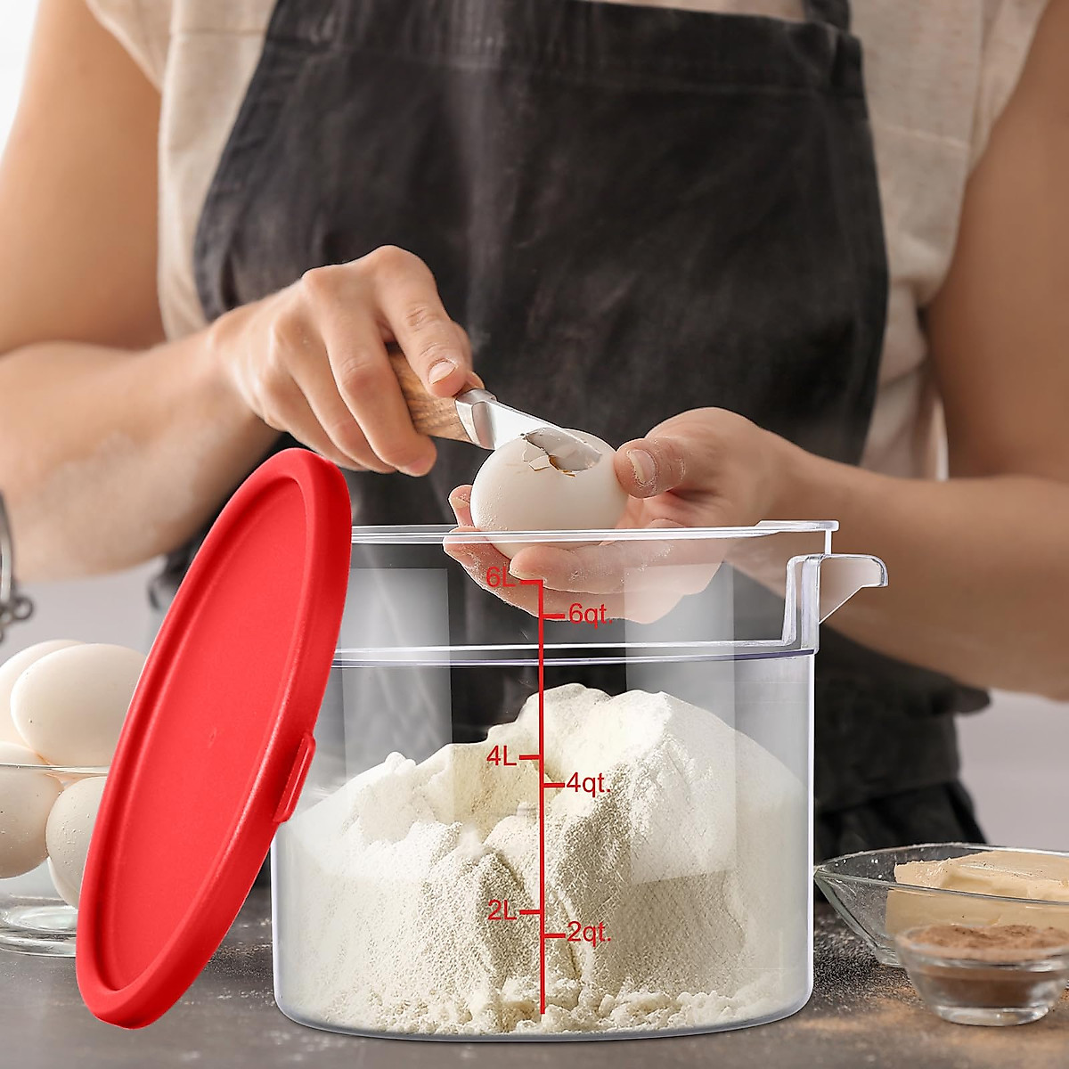 Suclain 4 Set 6 Quart 4 Qt Round Food Storage Containers with Lids Clear Proofing Container for Dough Bread with Scale Handle Home Restaurant Commercial Food Storage(Red)