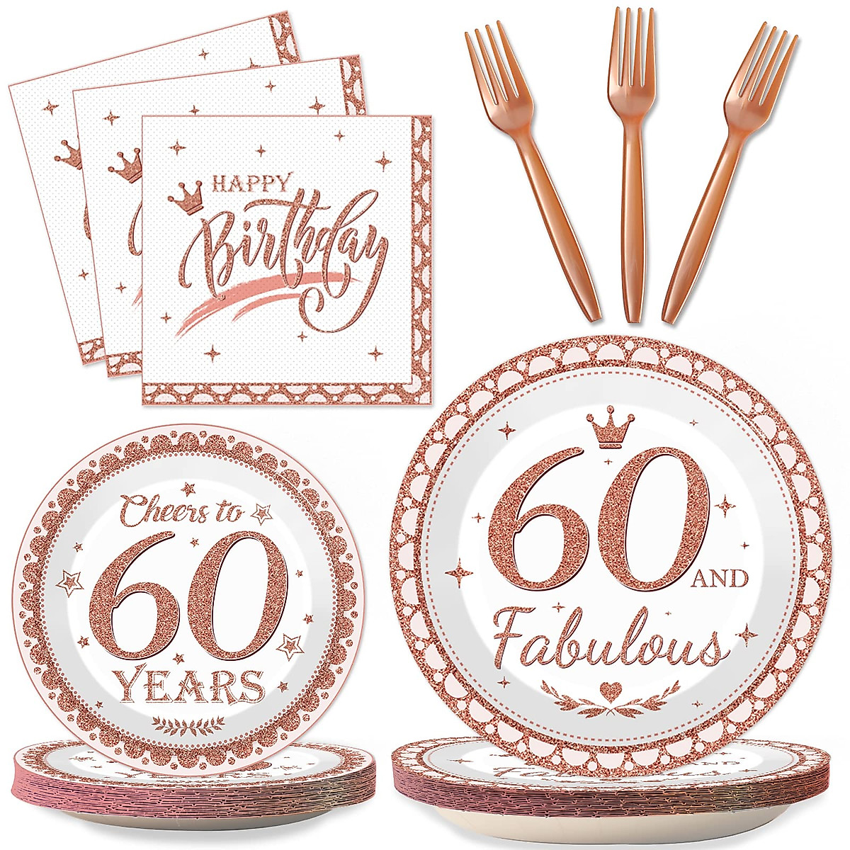 Wiooffen 60th Birthday Decorations for Woman 60th Birthday Paper Plates Napkins Cheers to 60 years Plates 60th Birthday Party Supplies for Women Rose Gold 60th Birthday Decorations Pink Party Supplies