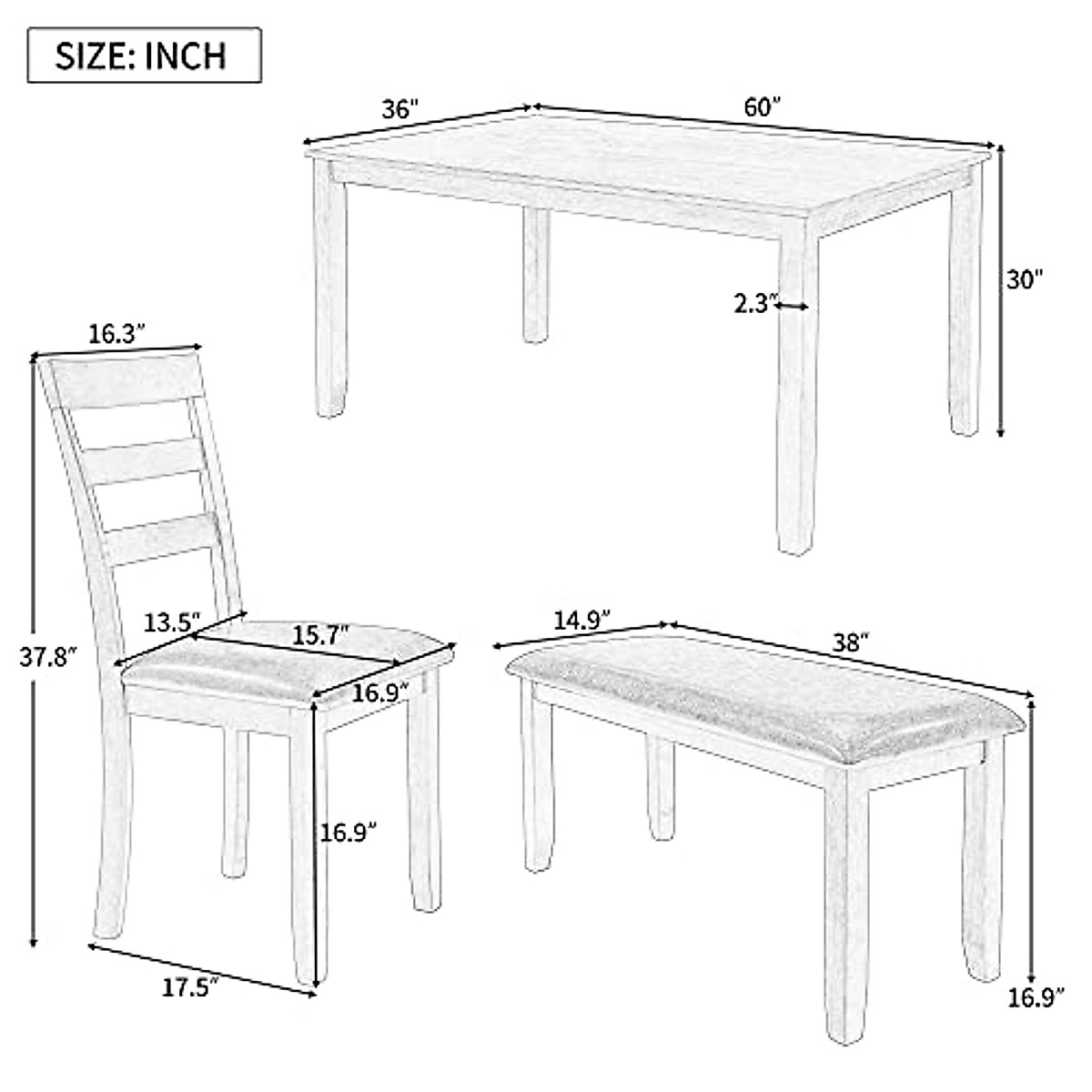 Woanke Simple Wooden 4 Upholstered Chairs and 1 Bench, Kitchen Dining Room Table Set for 5, Walnut Rectangular 6-Piece