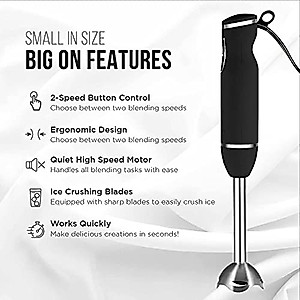 Chefman Immersion Stick Hand Blender with Stainless Steel Shaft & Blades Powerful Ice Crushing 2-Speed Control Handheld Mixer, Purees Smoothie, Sauces & Soups,300 Watts, Black