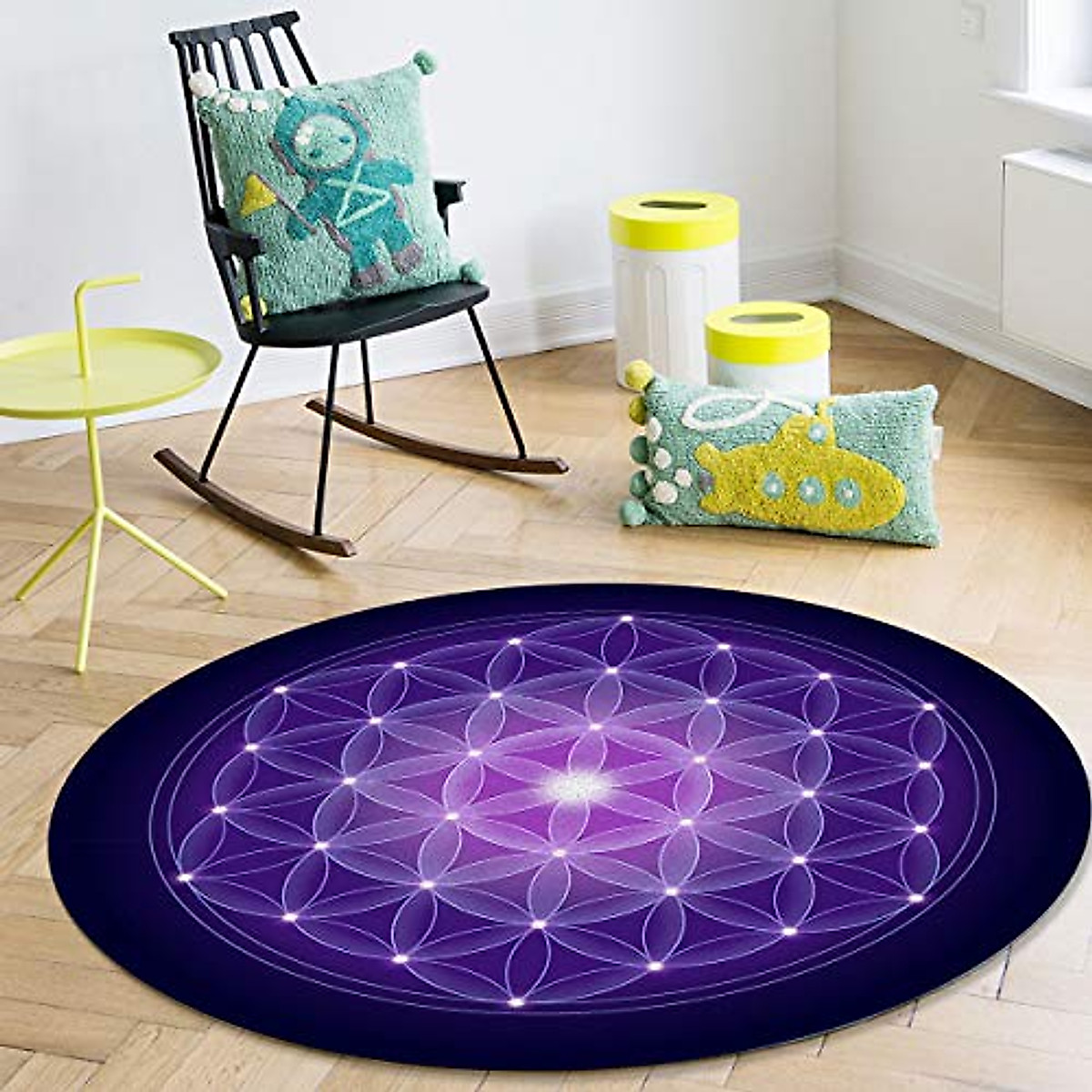 AmbeHome Round Area Rugs Baby Cushion 6 ft, Modern Carpet Floor Cover Nursey Rugs for Kids Play Room/Living Room, Flower of Life with Stars Sacred Geometry Ancient Print, Sturdy Soft Kitchen Mat Rugs