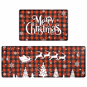 Bsmathom Christmas Anti Fatigue Kitchen Mat Set of 2, Waterproof Non-Slip Kitchen Mats and Rugs, Cushioned Buffalo Plaid Kitchen Rugs Comfort Floor Mat for Kitchen, Floor,Office, Sink, Laundry