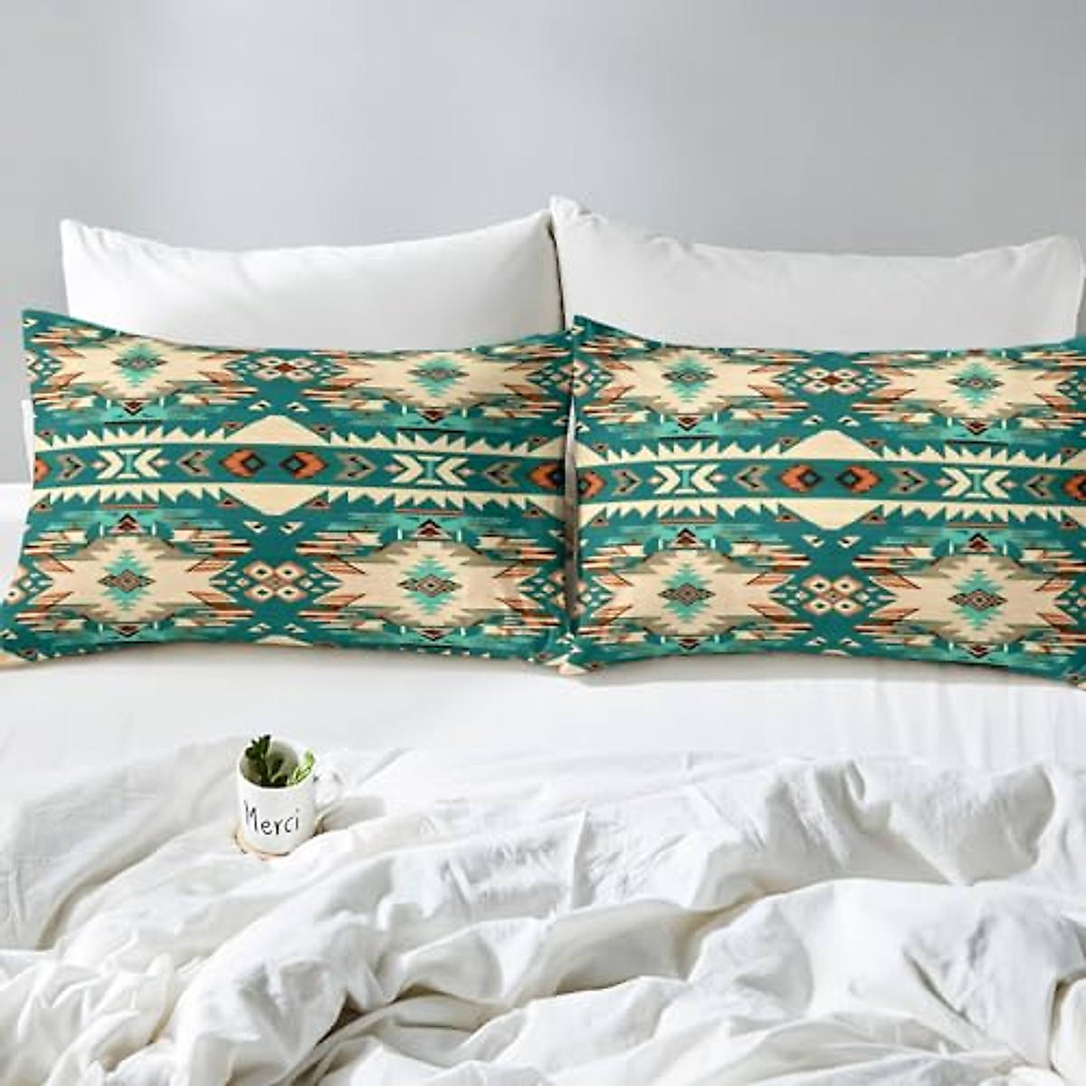 Feelyou Green Southwestern Bedding Set King Size Geometric Comforter Cover Set Tribal Native American Design Western Decor Duvet Cover Stripe Line Bedspread Cover Room Decor Quilt Cover(No Comforter)