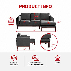 PUREMIND 84 Inches L Shaped Sectional Sofa, Convertible Sectional Couch with Reversible Chaise, Linen 3-Seat Couches with Thick Cushion for Living Room Dark Grey