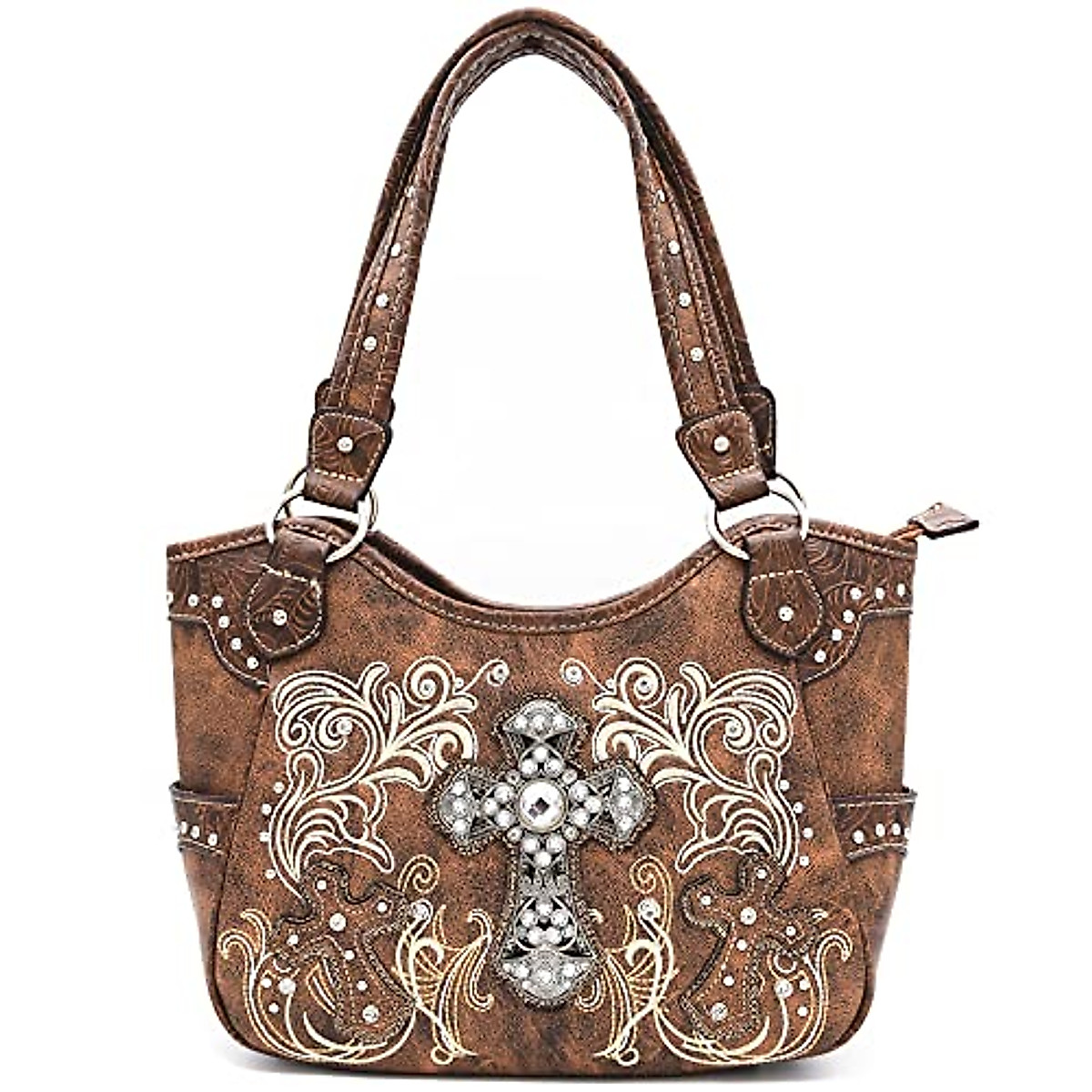 Western Style Rhinestone Cross Tote Concealed Carry Purse Laser Cut Handbag Women Shoulder Bag Wallet Set (#2 Brown)