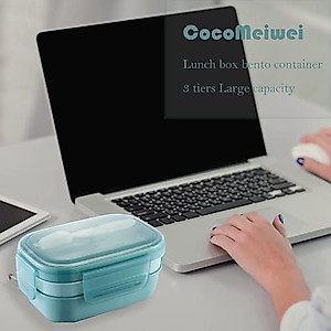 CocoMeiwei Bento Box Adult Lunch Box, Bento Lunch Box with 5 Silicone Cupcake Liners, Leak-proof Bento Lunch Box Containers 3 Tiers 50oz, 6compartments Large Capacity for Working Blue