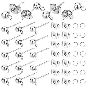 PH PandaHall 300pcs Ball Post Earring Studs, 304 Stainless Steel Ball Stud Earring Findings with Butterfly Earring Backs and Open Jump Rings for DIY Jewelry Earring Making