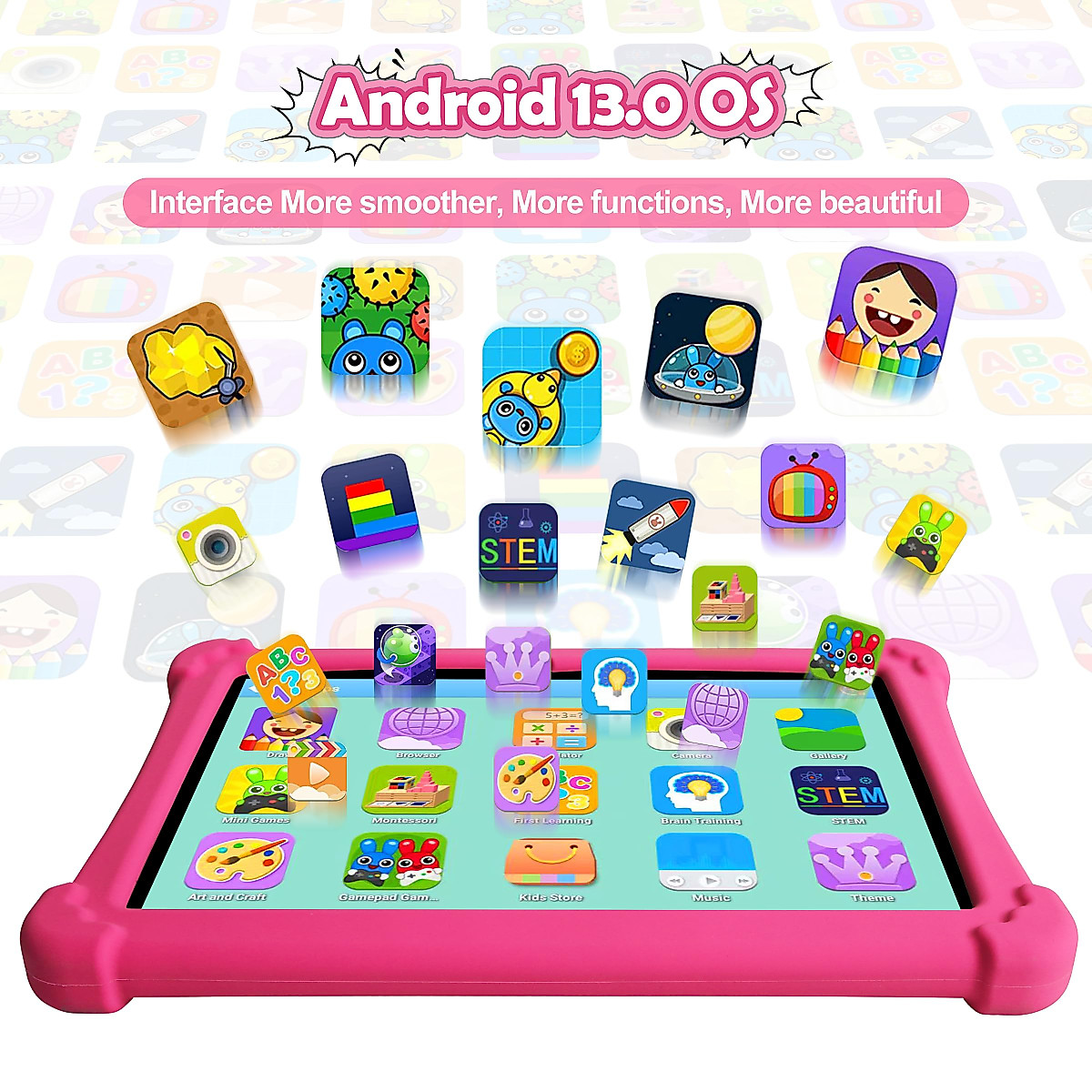 Kids Tablet, 10 Inch Tablet for Kids, IPS HD Display 1280 X 800 Android13 Toddler Tablet，Iwawa Kids Space Pre-Installed Parental Control Mode, Dual Camera, Google Services,6-12,Color Pink