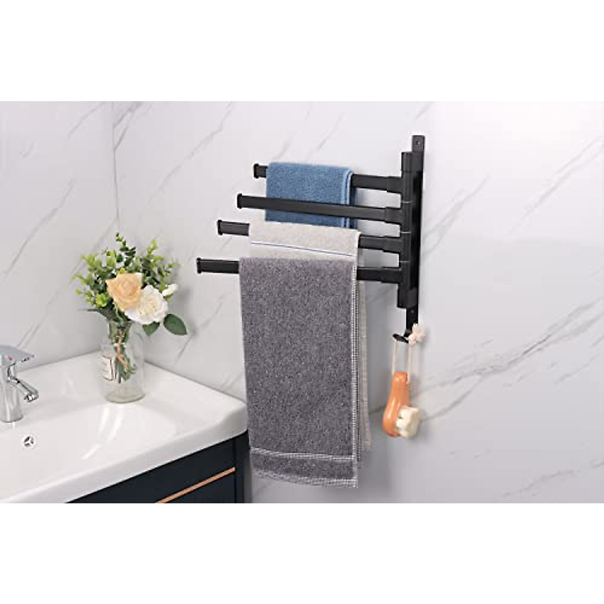 TocTen Swivel Towel Rack, Rustproof and Durable Space Saving Towel Hanger, Towel Bar Swing Out 180° Rotation, Wall Mounted/Glue Mounted Towel Rod with Hook for Bathroom, Kitchen (4-Arm, Black)