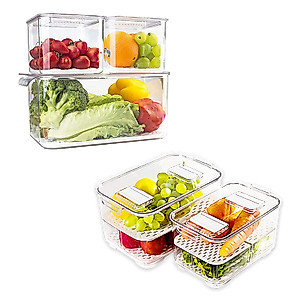 elabo Food Storage Containers Fridge Produce Saver- Stackable Refrigerator Organizer Keeper Drawers Bins Baskets with Lids and Removable Drain Tray for Veggie, Berry and Fruits