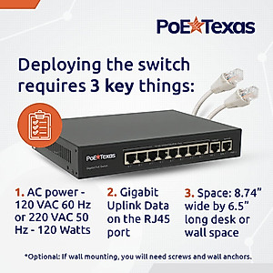 PoE Texas 8 Port PoE Switch - 802.3af/at Power Over Ethernet with 8 PoE+ Ports, 2 LAN Uplink, VLAN & Extender - 120W High Speed Unmanaged Wired Network Switch - Security Camera, Video & More