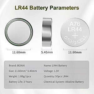 BONAI LR44 AG13 Batteries 1.5v Button Cell Battery 50 Count, A76 357/303 L1154f SR44 Battery High Capacity Packaging Upgrade…