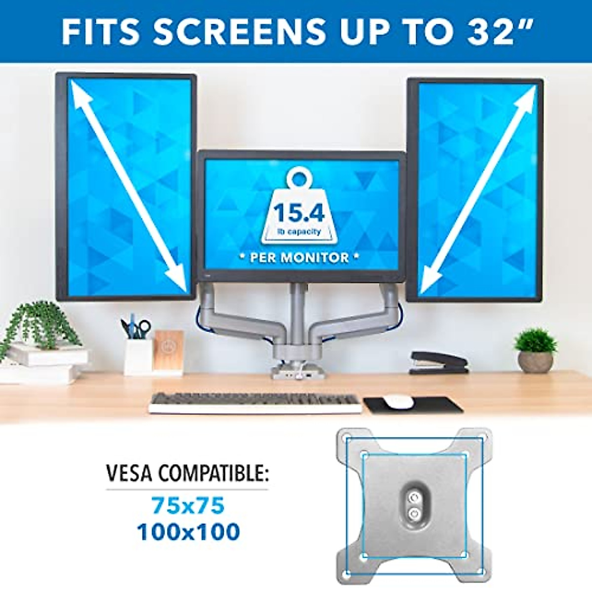 Mount-It! Triple Monitor Mount | Desk Stand with USB and Audio Ports | 3 Counter-Balanced Gas Spring Height Adjustable Arms for Three 24 27 30 32 Inch VESA Screens | C-Clamp and Grommet Bases Included