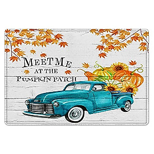 Fall Bath Mat for Bathroom, Autumn Yellow Sunflower and Orange Pumpkin on Rustic Vintage Blue Truck Bathroom Rug, Country Farmhouse Wood Boards Thanksgiving Non Slip Absorbent Bathroom Mat, 24x16 Inch