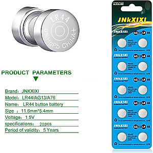 JNKXIXI 20 Pack LR44 Lr 44b l1154c AG13 SR44 Batteries A76 357 303 1154 1.5 Volt Ornament Batteries Button Coin Cell Battery