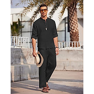 COOFANDY Men's 2 Pieces Linen Set Long Sleeve Henley Shirt and Holiday Beach Pants Casual Yoga Trousers Outfits