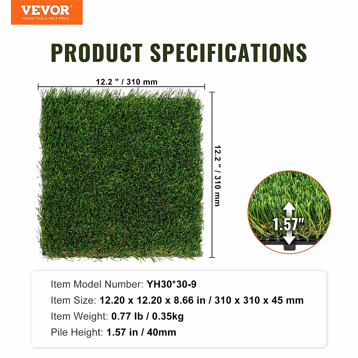 VEVOR Artifical Grass Tiles Interlocking Turf Deck Set, 9 Pack - 12"x12", Synthetic Fake Grass Self-draining Mat Flooring Decor Pad, Perfect for Multi-Purpose Indoor Outdoor Entryway Scraper Dog Mats