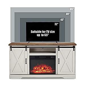 Amerlife Fireplace TV Stand Sliding Barn Door Wood Entertainment Center with a 23'' Electric Fireplace Insert, Modern Farmhouse Storage Cabinet Console for TVs Up to 65", Distressed White & Barnwood