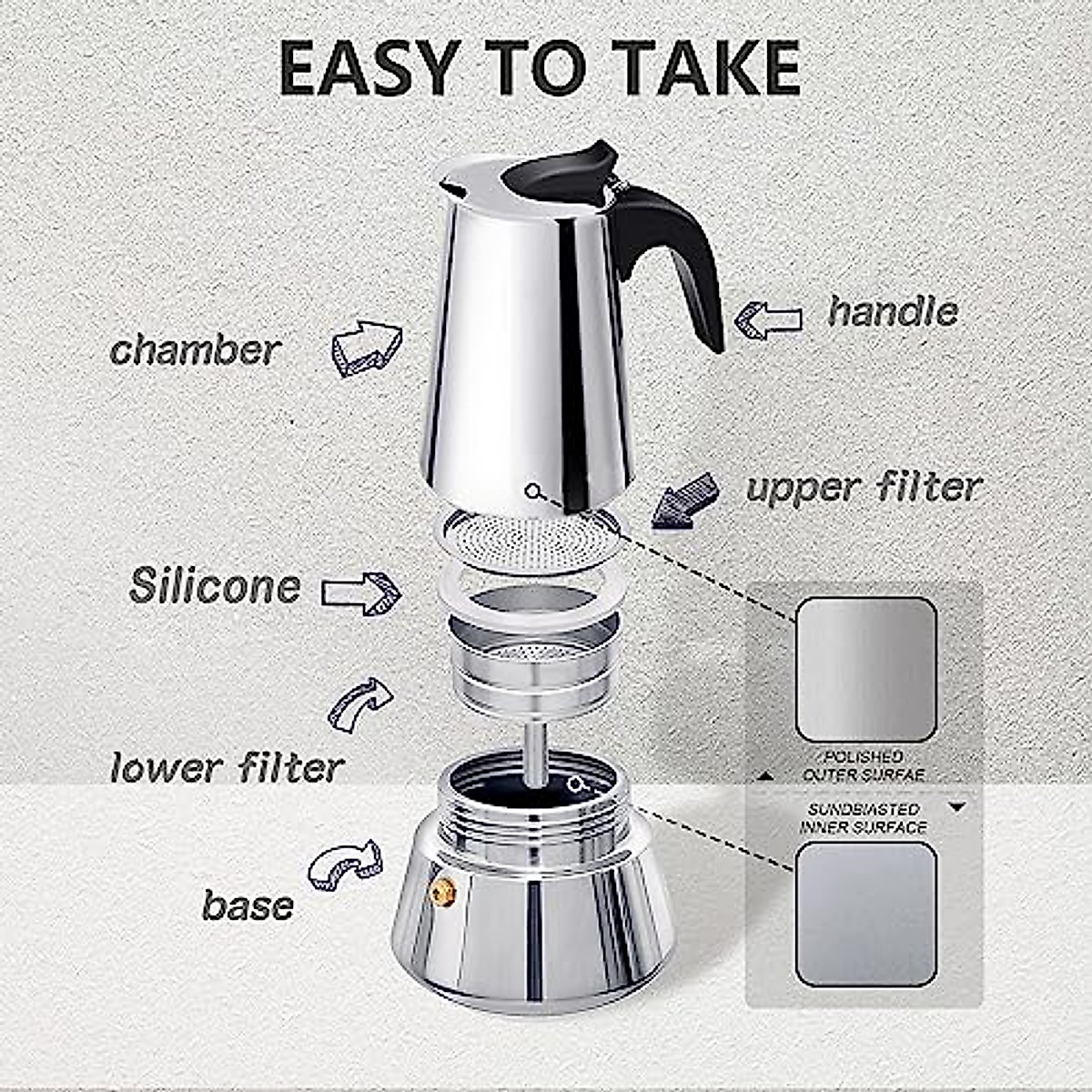 FCUS Stovetop Espresso Maker, 12cup/600ml Greca Coffee Maker Moka Pot, Stainless Steel Italian Classic Espresso Moka Pot, Induction Compatible