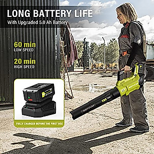 SEYVUM Leaf Blower - 580CFM 20V MAX Leaf Blower Cordless with 5.0 Battery & Fast Charger, 3-Speed Dial Electric Leaf Blower for Lawn Care, Battery Powered Leaf Blower Lightweight for Patio, Yard, Snow