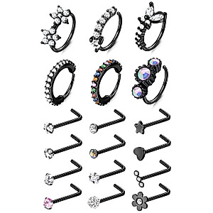 MUSECLOUD 20G Black Nose Rings For Women Men 6pcs Stainless Steel Nose Rings Hoops 12pcs L Shape Nose Rings Studs Heart CZ 8mm Cartilage Hoop Flower Star Nose Piercing Jewelry (Black)