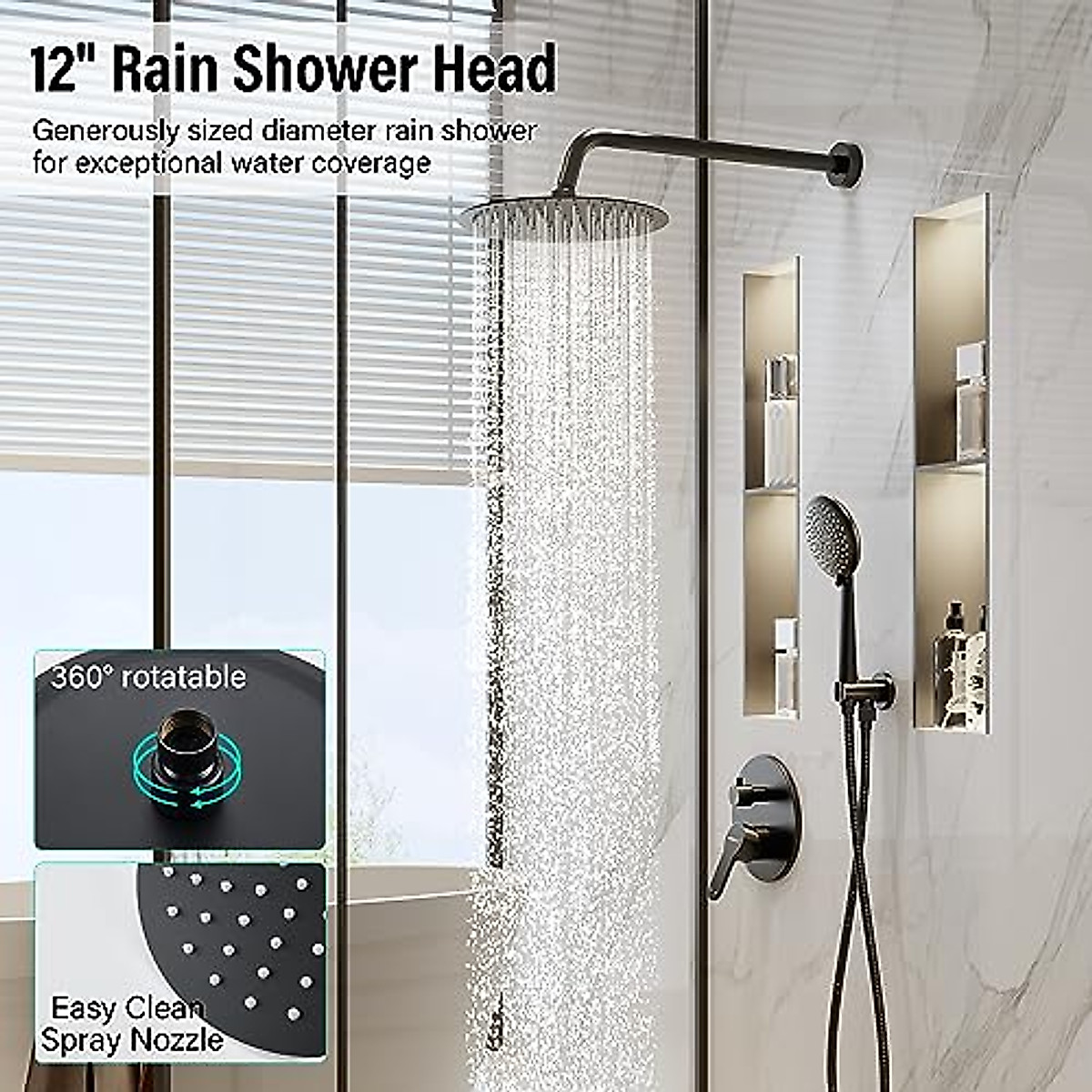 Gabrylly Shower System Black, 12 Inch Shower Faucet Set with Rain Shower Head and Handheld, Rainfall Shower Combo Set with Shower Valve Kit