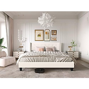 BONSOIR Bed Frame Upholstered Traditional Low Profile Platform with Wing Back Headboard/No Box Spring Needed/No Bed Skirt Needed/Linen Fabric Upholstery/Sand (Cream, Queen Size)